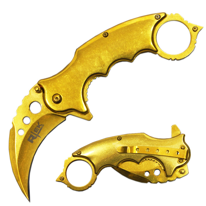 RT 1027-GD3 4.75" Heavy Duty Gold Metal Handle Assist-Open Karambit wi ...