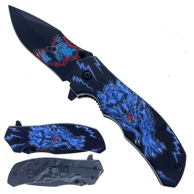 KS 1927-BL 4.5" Blue Wild Wolf 3D Texture Handle Assist-Open Folding ...
