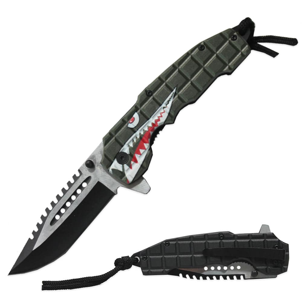 KS 1979-SH2 5" Shark Teeth Green Assist-Open Tactical Folding Knife ...