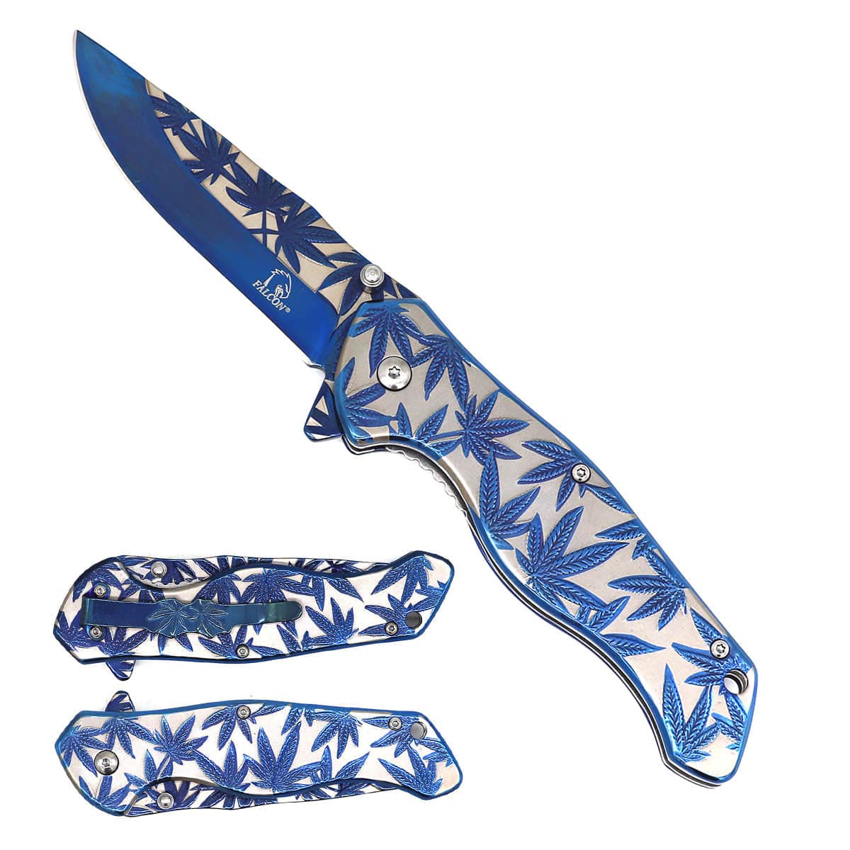 KS 3779-BL 4.75" Titanium Blue Marijuana Leaf Assist-Open Pocket Knife ...