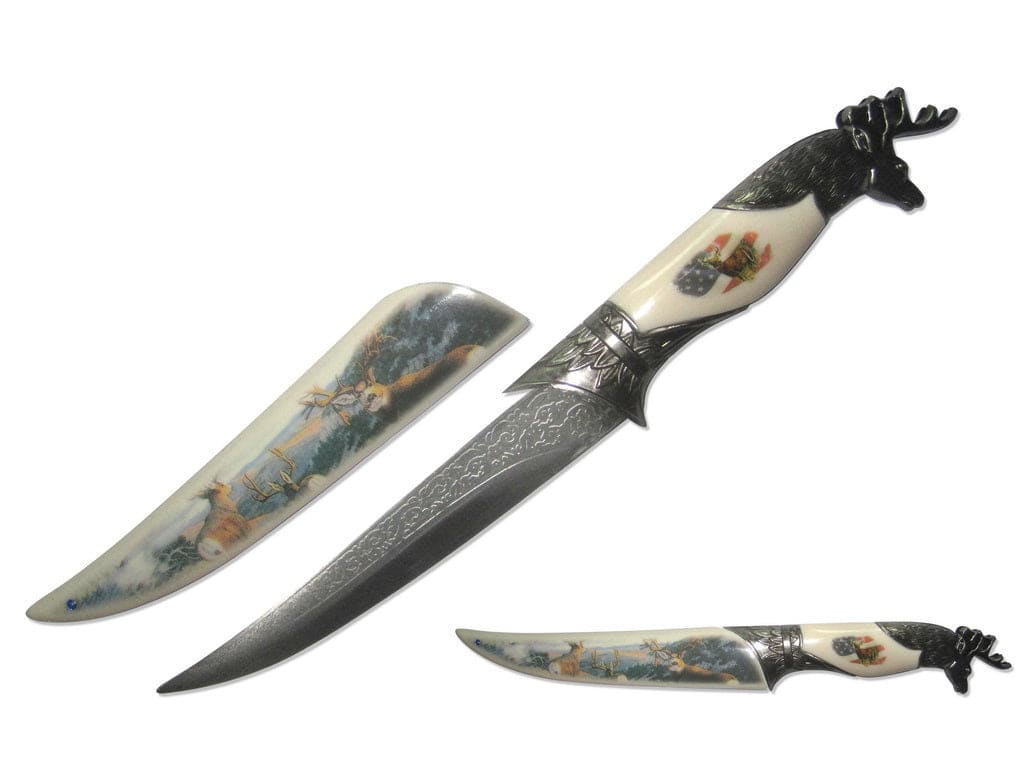 T 224857 13 3/4" Fantasy Dagger Deer in The Mountains Deer Head Handle ...